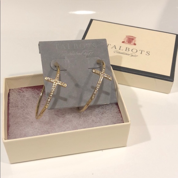 Talbots | Jewelry | Nwt Talbots Diamond Cross Gold Hoops | Poshmark